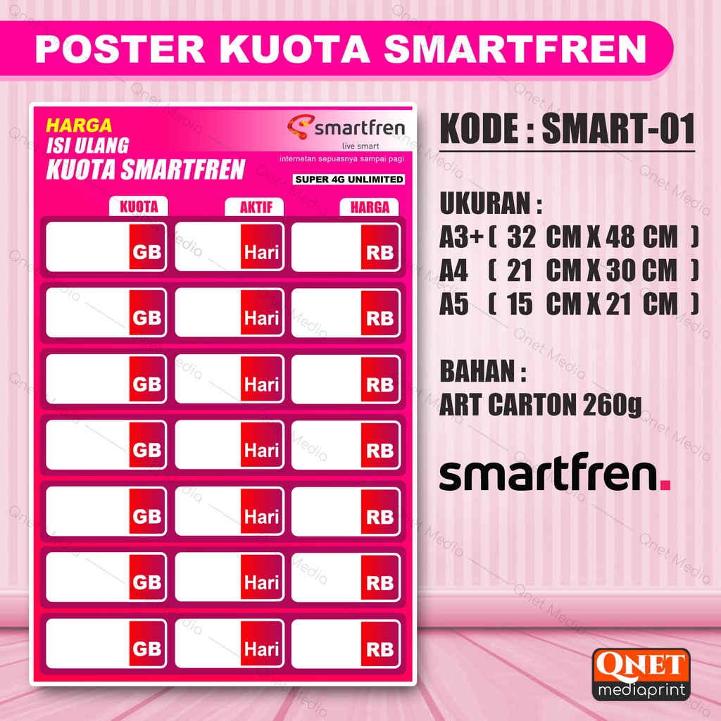 Jual POSTER KONTER DAFTAR HARGA KUOTA SMARTFREN (CUSTOM) | Shopee Indonesia
