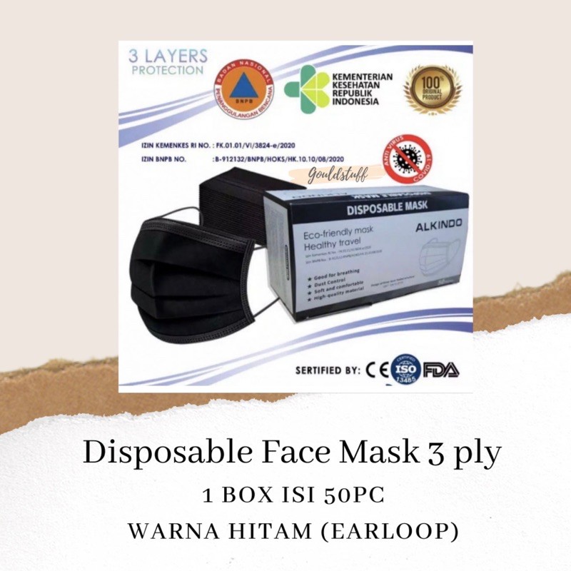 Jual MASKER 3 PLY EARLOOP WARNA HITAM ISI 50pc / DISPOSABLE FACE MASK ...