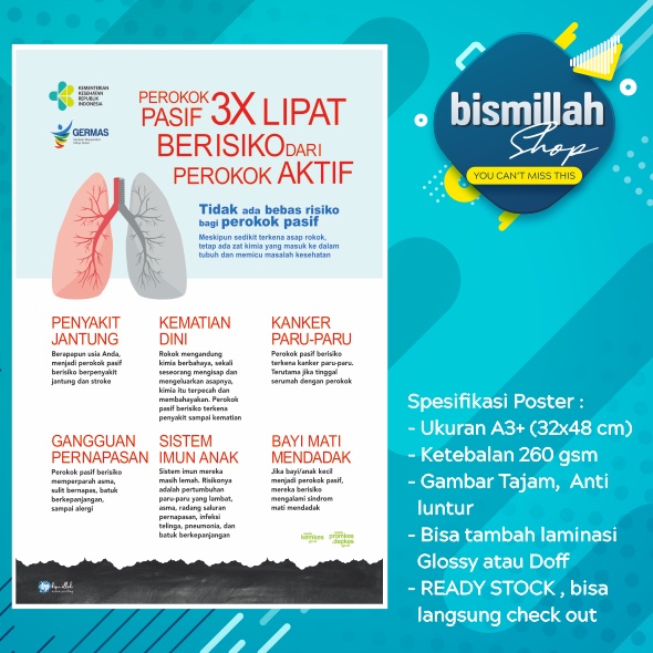Jual Poster Kesehatan Perokok pasif 3x lipat beresiko dari peroko aktif ...