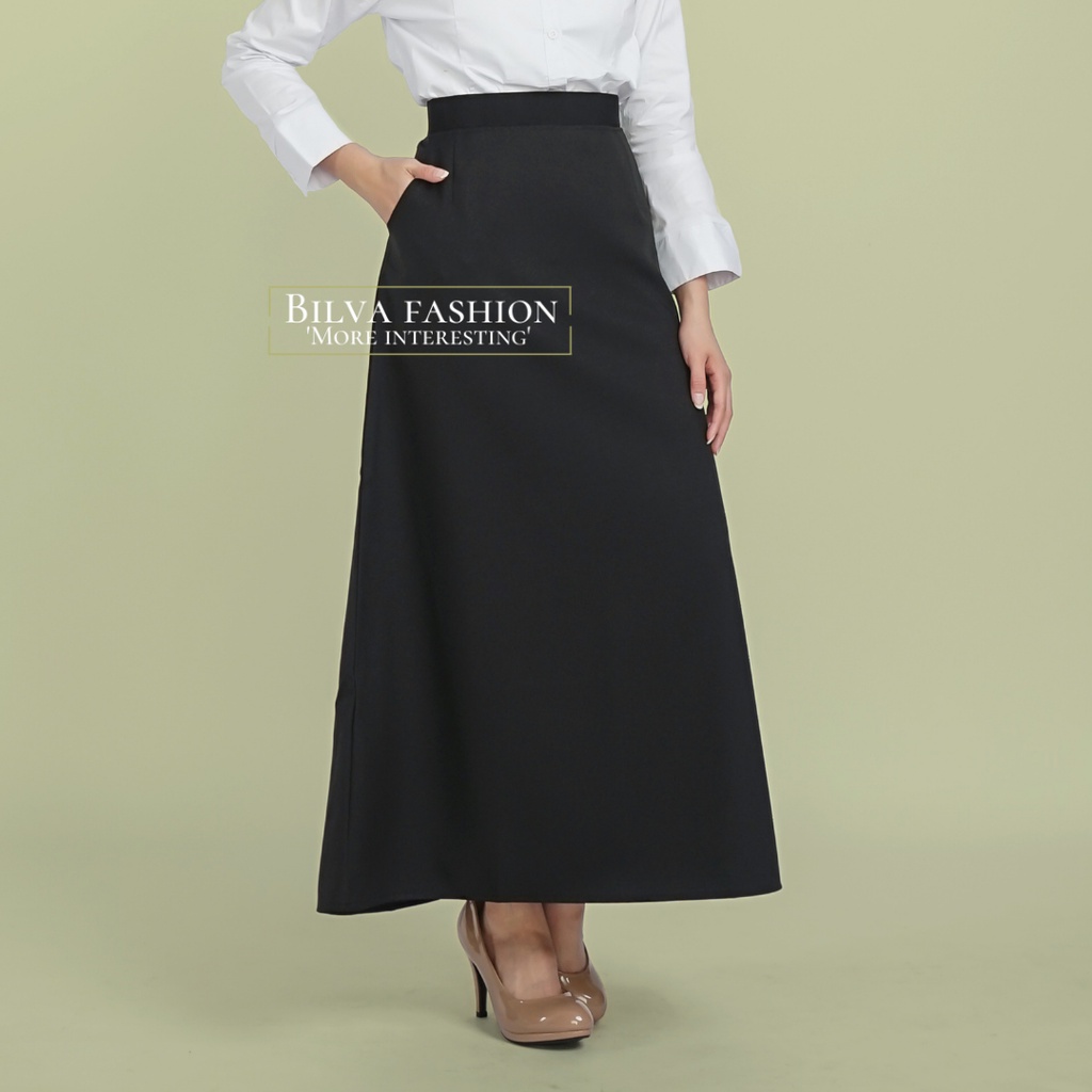 Jual Rok Kerja Panjang Wanita Rok Kantoran Pinggang Karet Model A-Line ...