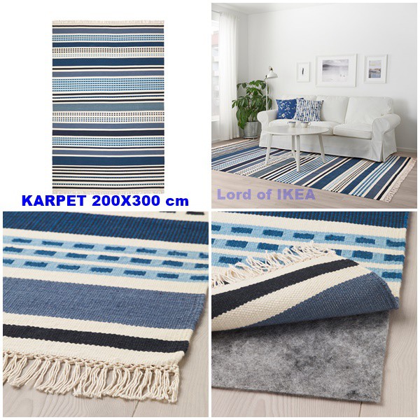 Jual VONSILD Karpet anyaman datar buatan tangan biru rumbai 200x300 cm ...