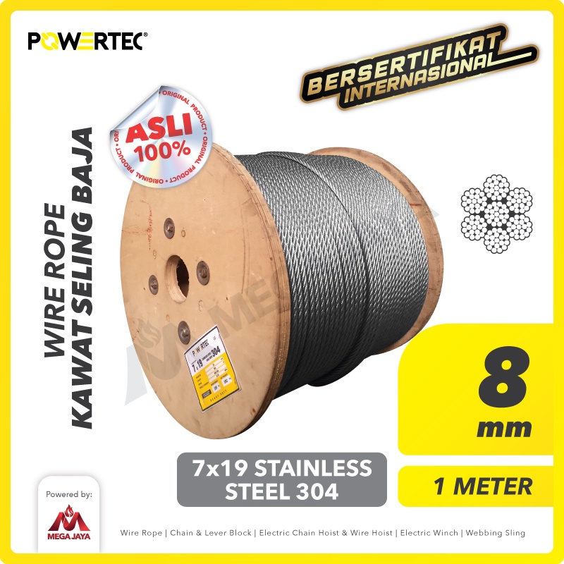 Jual POWERTEC Wire Rope / Kawat Seling Baja 7x19 SS 304 8mm - 1 Meter | Shopee Indonesia