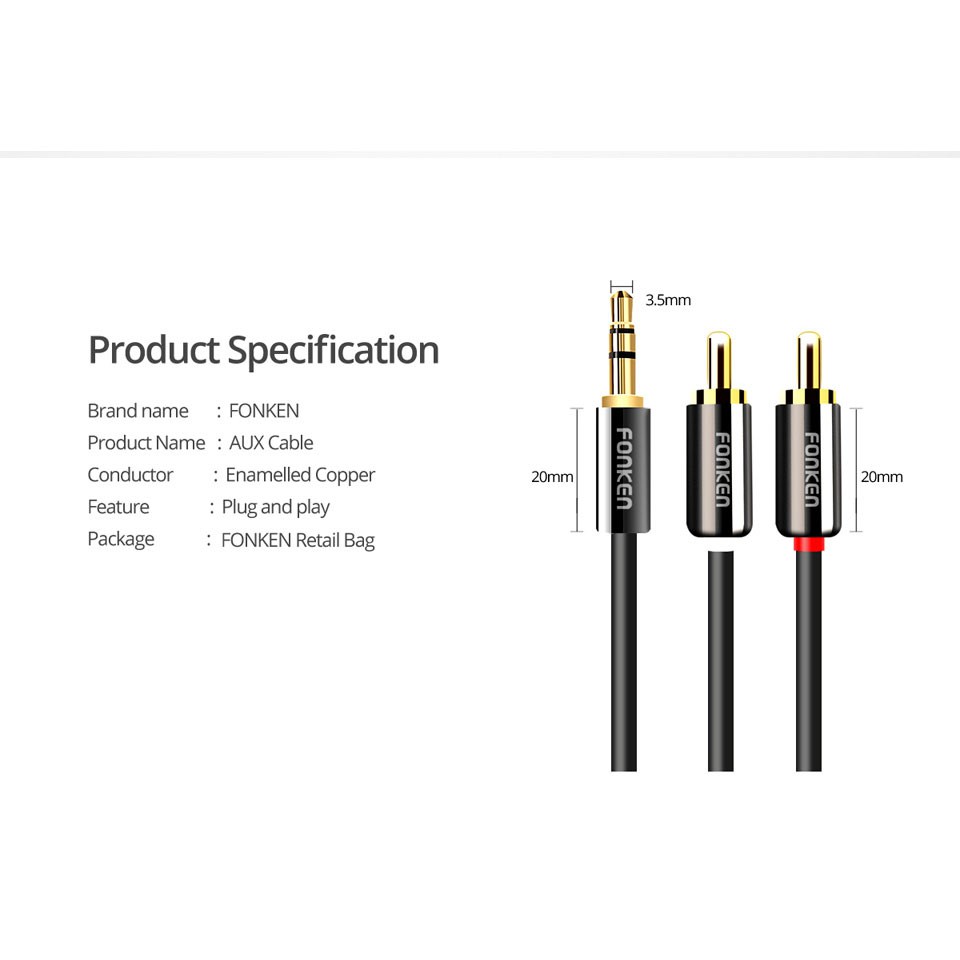 Jual FONKEN Kabel AUX 3.5mm Male ke 2 RCA Male 1 Meter | Shopee Indonesia