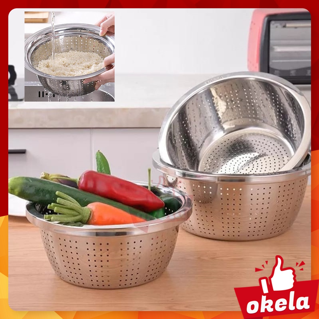 Jual Okela - Baskom Lubang Stainless Steel Tebal Baskom Cuci Beras Buah ...
