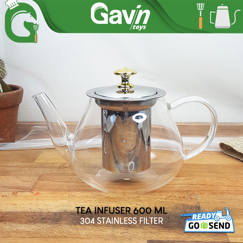 Jual Teko Teh Kaca 600ml Bening Stainless steel Filter Tea Server ...