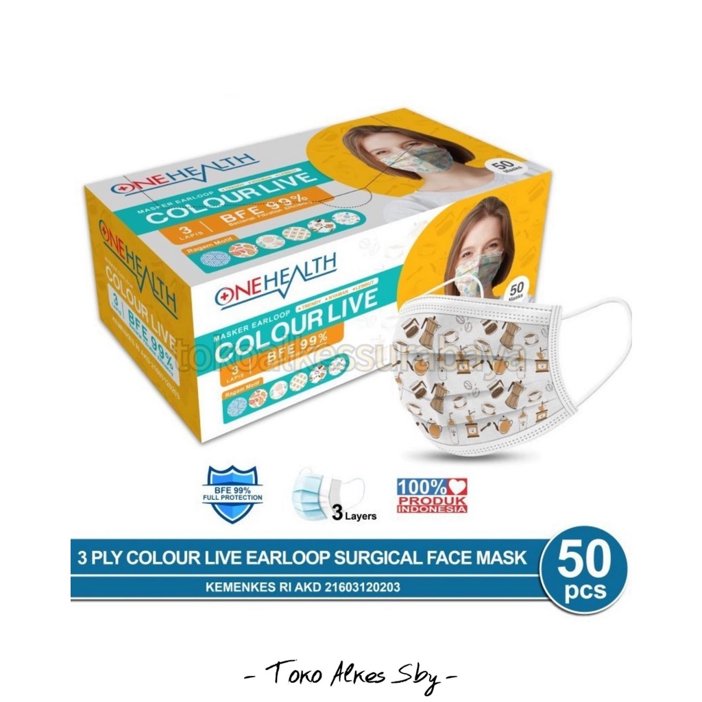 Jual MASKER MEDIS ONEHEALTH COLOUR LIVE MOTIF 3 PLY EARLOOP SURGICAL ...