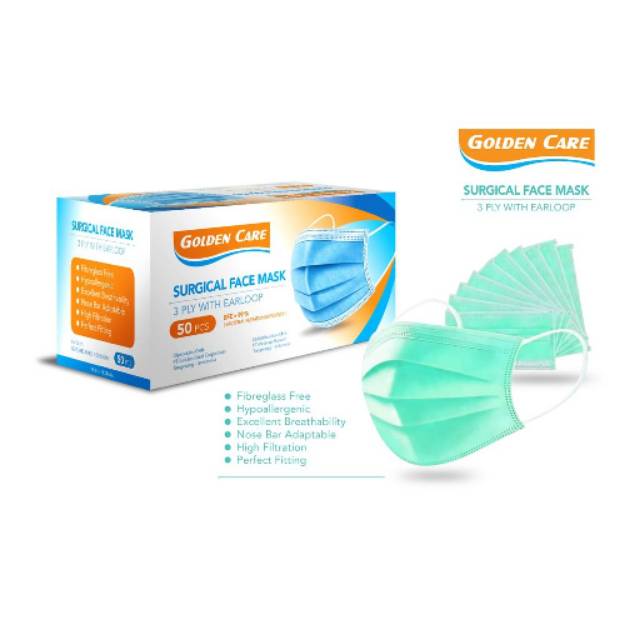Jual MASKER 3 PLY EARLOOP SURGICAL MURAH BAGUS GOLDEN CARE 1 BOX ISI 50 ...