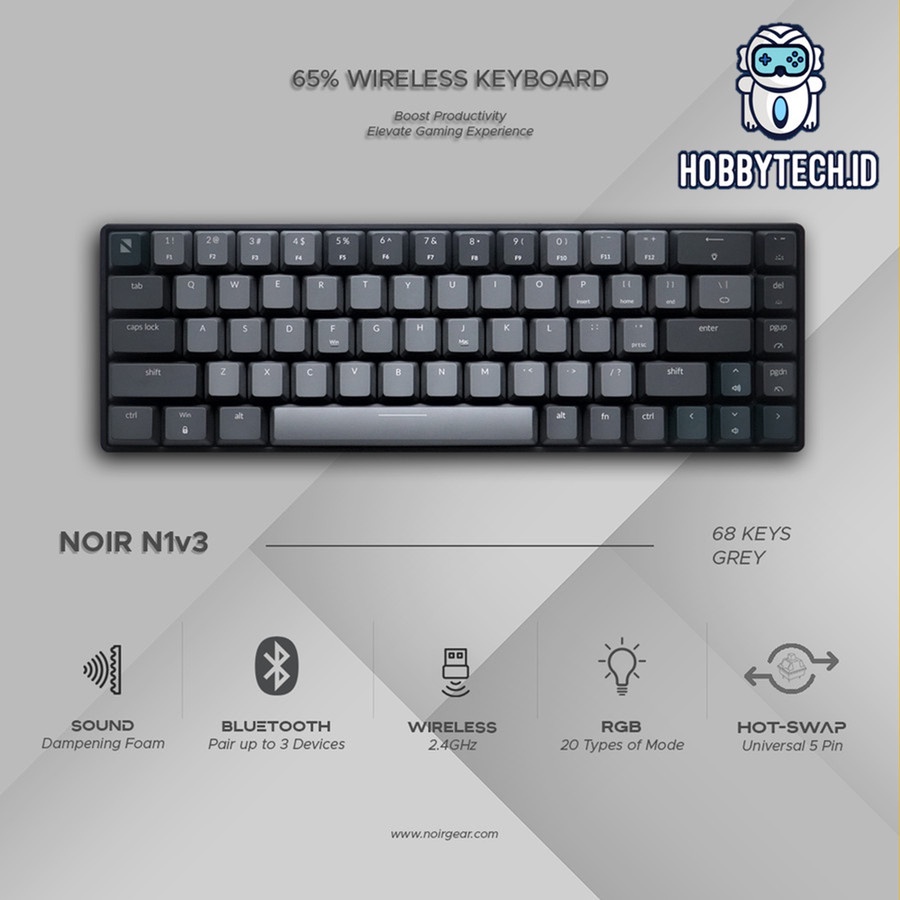 Jual Noir N1v3 / N1 65% Grey Wireless Mechanical Gaming Keyboard ...