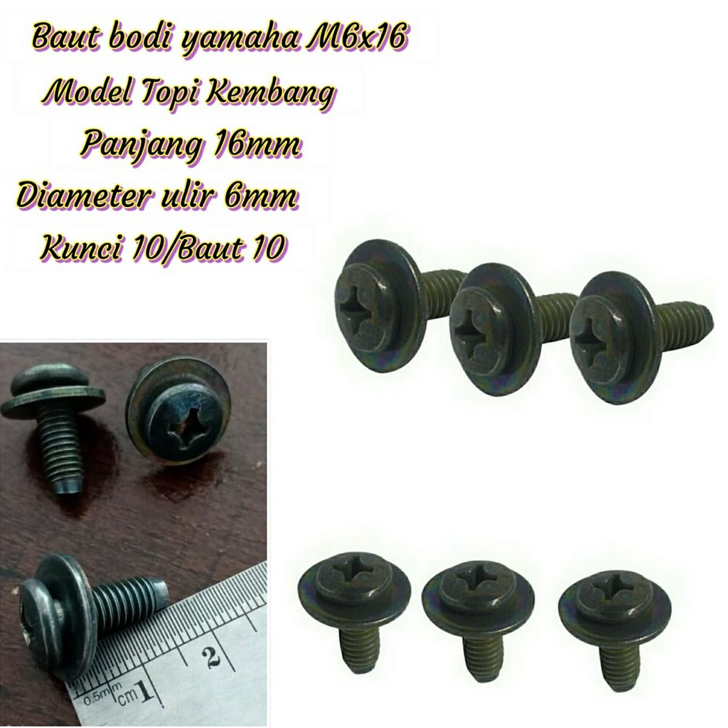 Jual Baut Body Yamaha M6 x 6 / Model Topi Kembang / Panjang 16mm ...