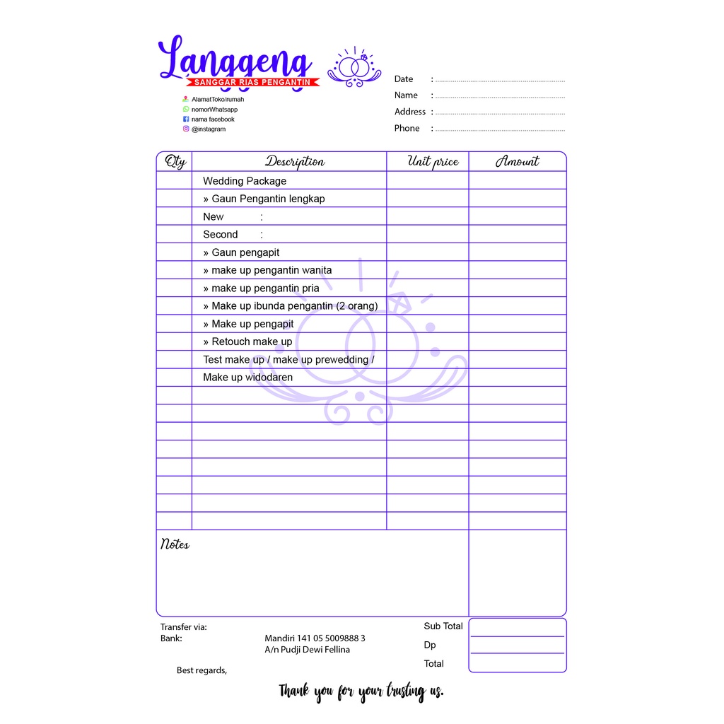 Jual nota atau form order wedding custom ( ukuran F4 ) 1 buku kombinasi ...