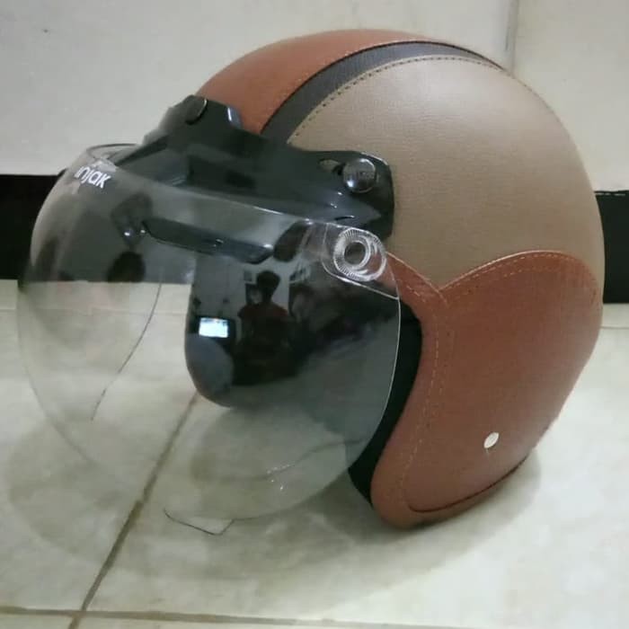 Jual Helm Retro bogo full kulit Coklat Abu (Kaca cembung Putih/Clear ...