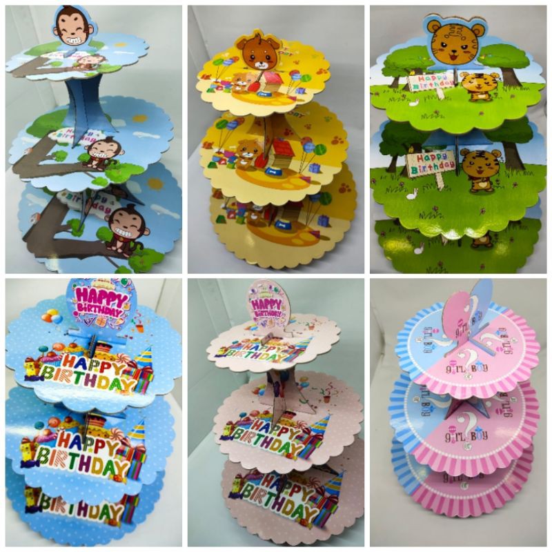 Jual Tatakan Kue Ulang Tahun 3 Tingkat Motif Happy Birthday / Cupcake ...