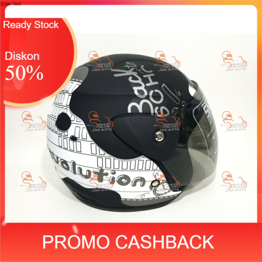 Jual HELM HELEM NOTES BLACK WHITE DOFF MODEL GM EVO HALF FACE IJIN SNI ...