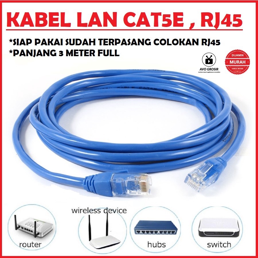 Jual KABEL LAN UTP 3 M Cat 5E Ethernet Jaringan PC Laptop | Shopee ...