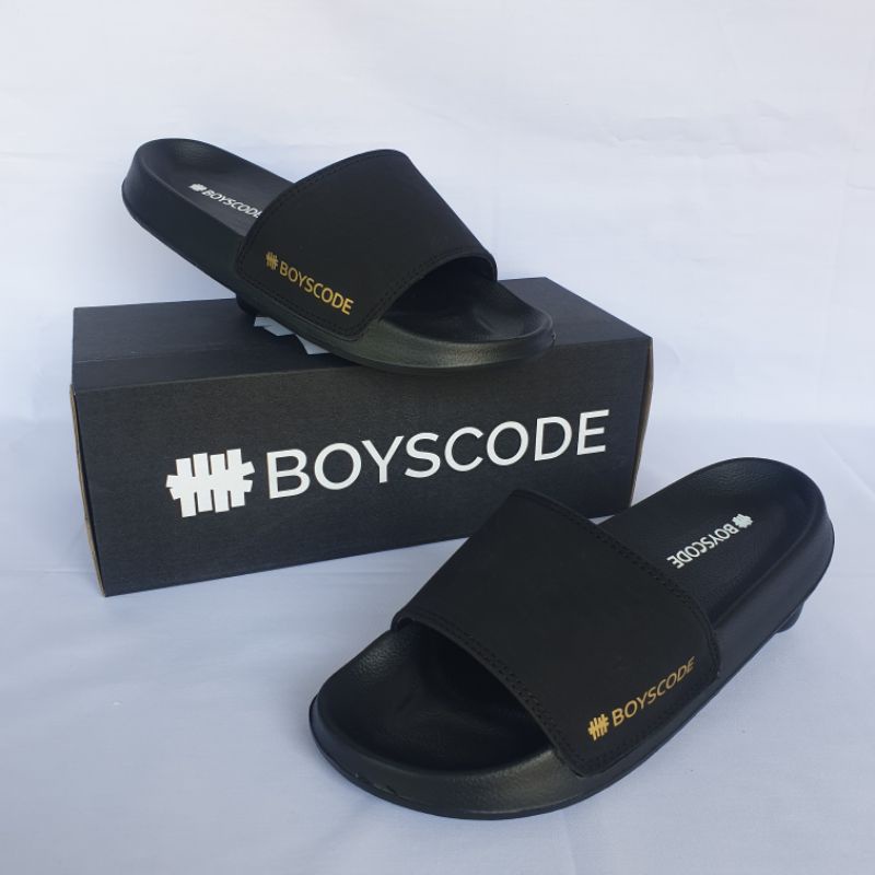 Jual Sandal Slide Simple Pria Boyscode Font Side Hitam Gold | Flip Flop ...