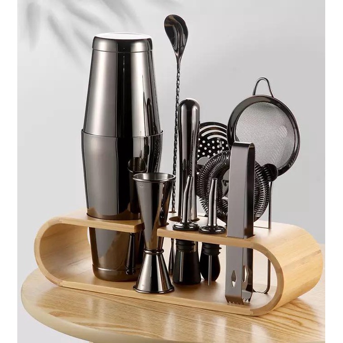 Jual shaker boston stainless set wooden rack 11pcs /paket shaker ...