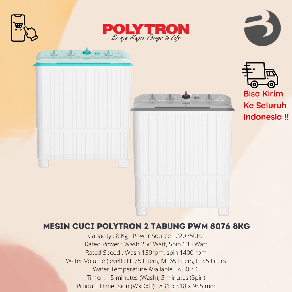 Jual MESIN CUCI POLYTRON 2 TABUNG PWM 8076 8KG | Shopee Indonesia