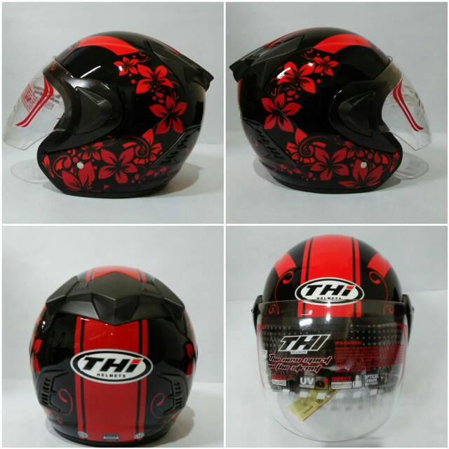 Jual Helm Half Face Thi Flower Red Black Gloss Sni Original | Shopee ...