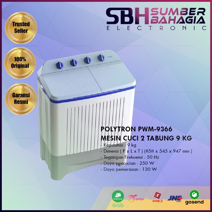 Jual POLYTRON PWM-9366 MESIN CUCI 2 TABUNG 9 KG (NEW) (KHUSUS BANDUNG ...