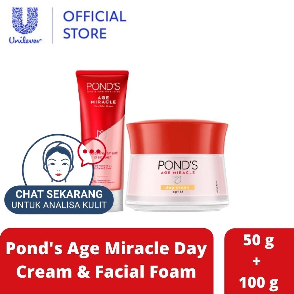 Jual Ponds Age Miracle Anti Aging+Glowing Day Cream 50g & Facial Foam ...