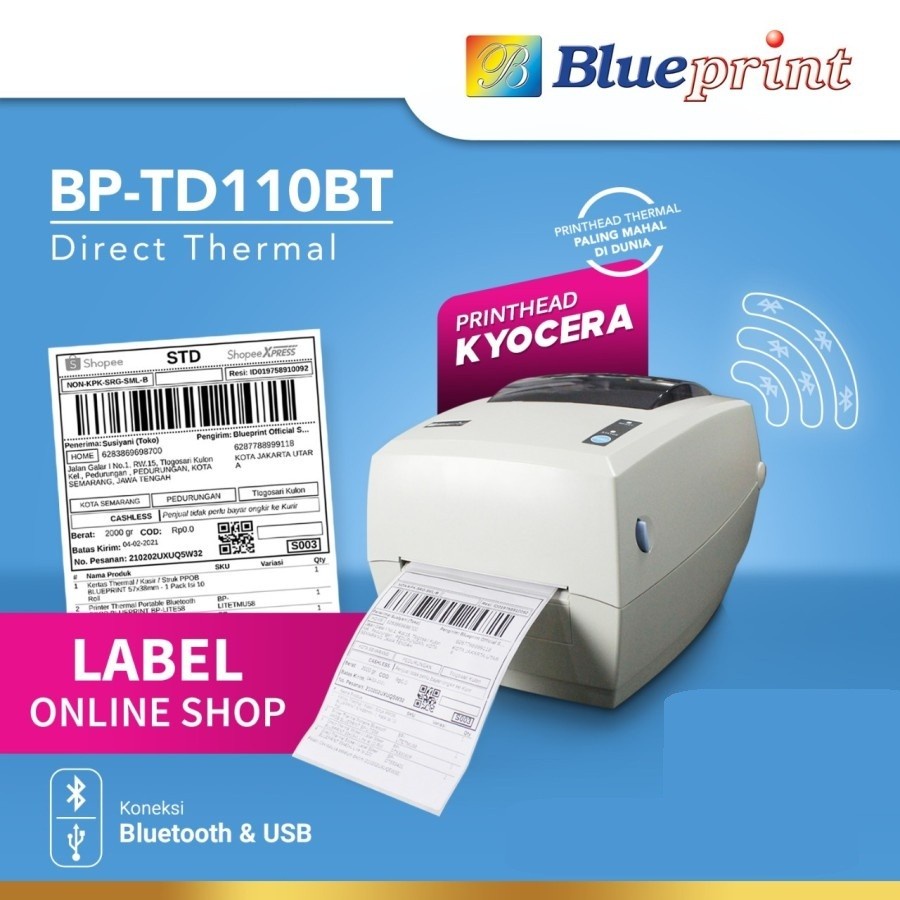Jual PRINTER THERMAL BARCODE LABEL RESI A6 BLUEPRINT (BP-TD110BT ...