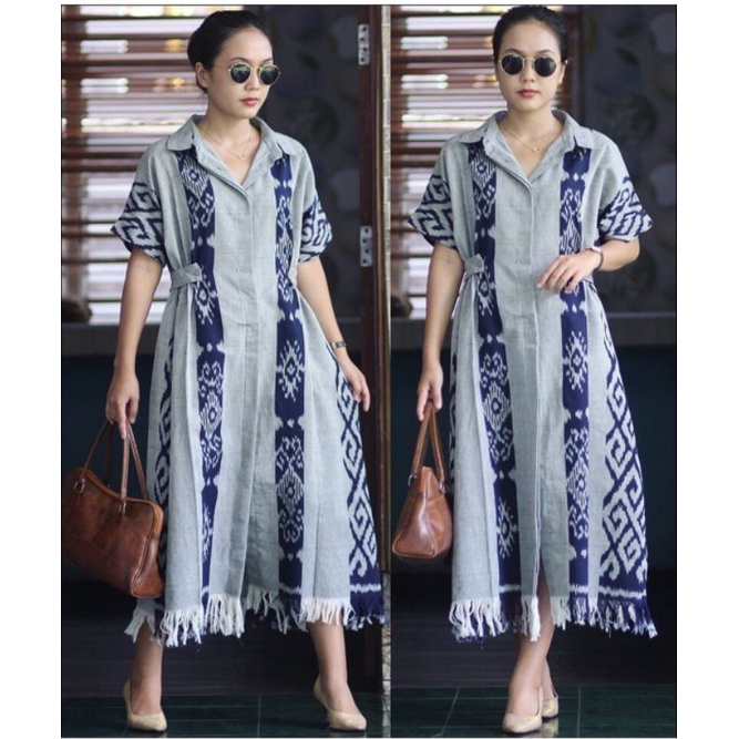 Jual READY STOCK - Dress Tenun Modern - dress tenun Model kerah - baju ...