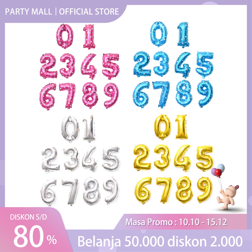 Jual Balon Foil Angka Warna Silver Gold Biru Pink 0-9 Uk 40cm(1pcs ...
