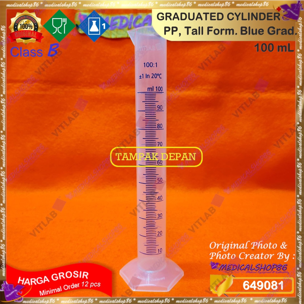 Jual MEASURING CYLINDER, PP, 100mL, Class B, Molded Blue Scale. VITLAB (Gelas Ukur Plastik ...
