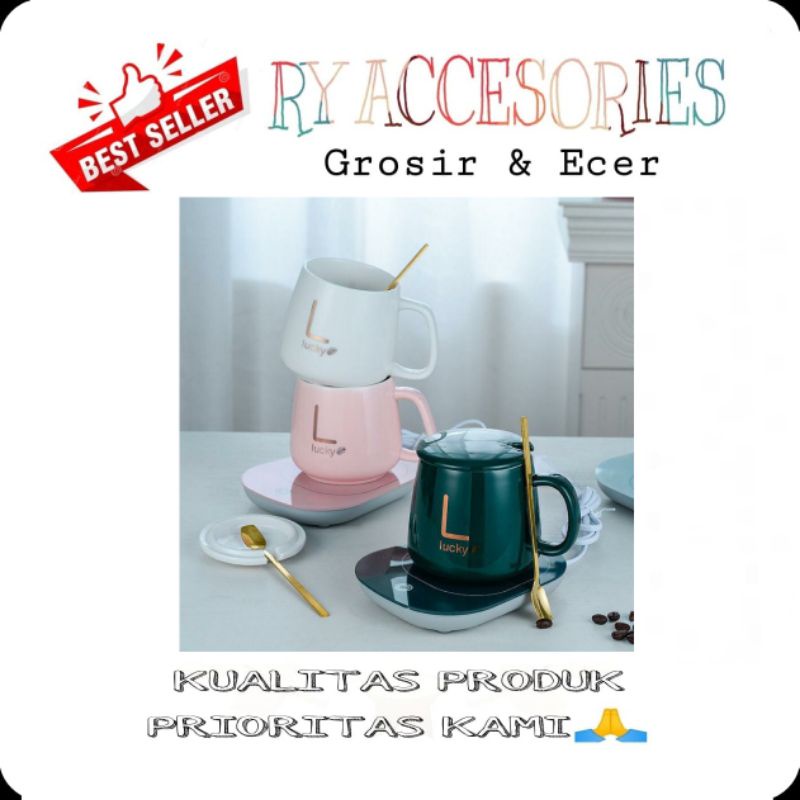 Jual RY - Mug gelas keramik huruf inisial lucky + penghangat listrik ...