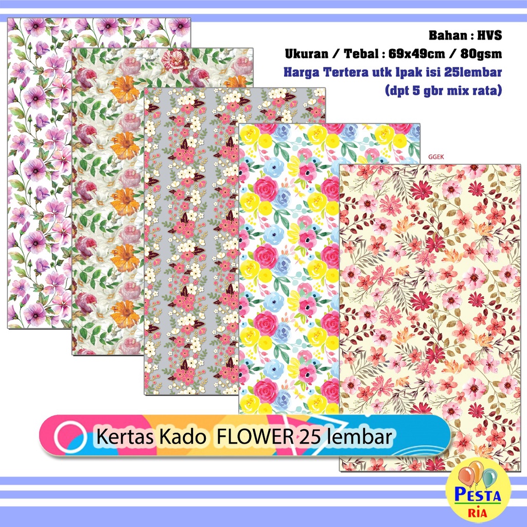 Jual Murah!! (1Set isi 25Lmbr) Kertas kado motif Flower, Bungkus kado ...