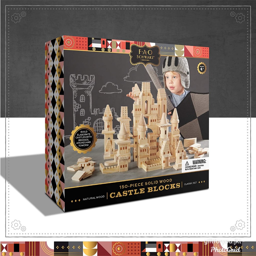 Jual FAO Schwarz Castle Building Blocks 150 piece Solid Wood Toy Mainan ...