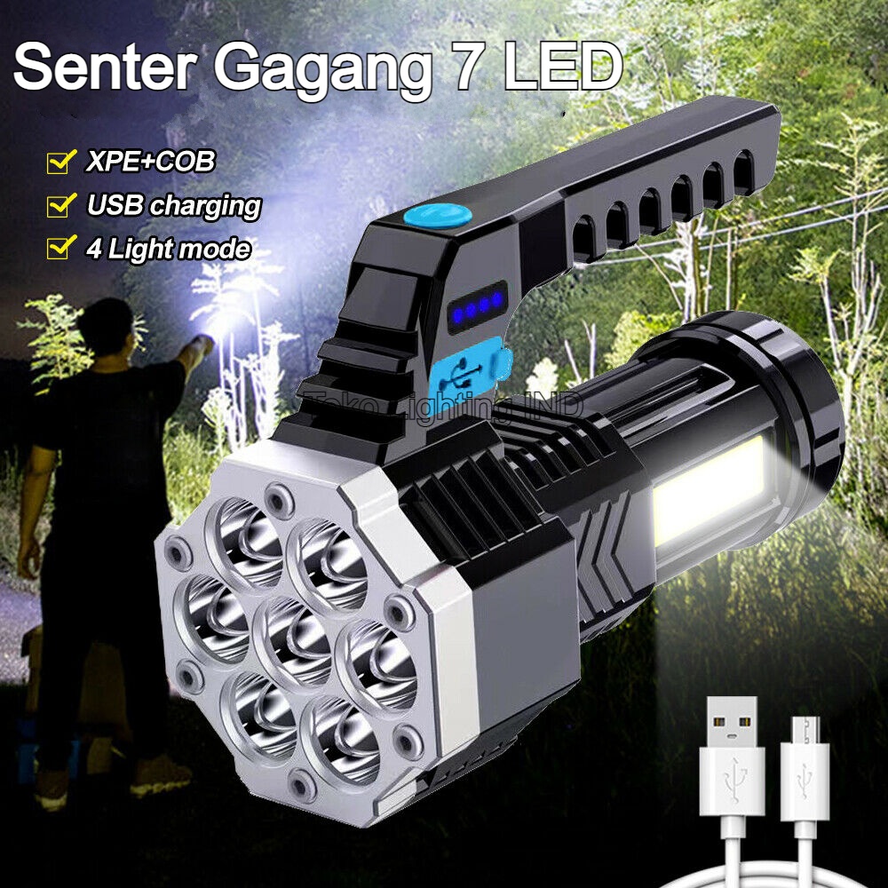 Jual Senter Gagang 7 LED Super Terang / Senter Gagang LED Cas USB ...