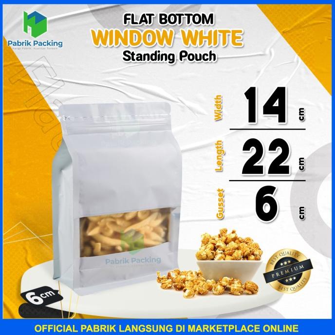 Jual PLASTIK KEMASAN MAKANAN STANDING POUCH FLAT BOTTOM WINDOW WHITE ...