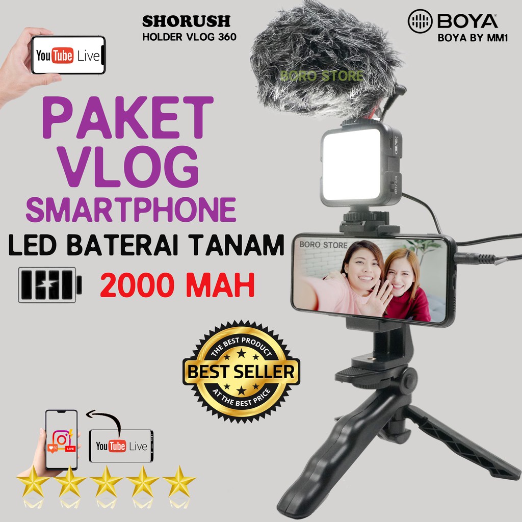 Jual PAKET VLog BT-01 Holder Tripod LED light Baterai & Microphone BOYA ...