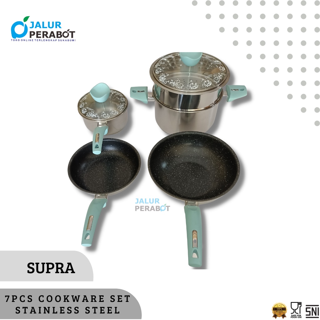 Jual panci set / 7pcs cookware set stainless pastel SUPRA - turquoise ...
