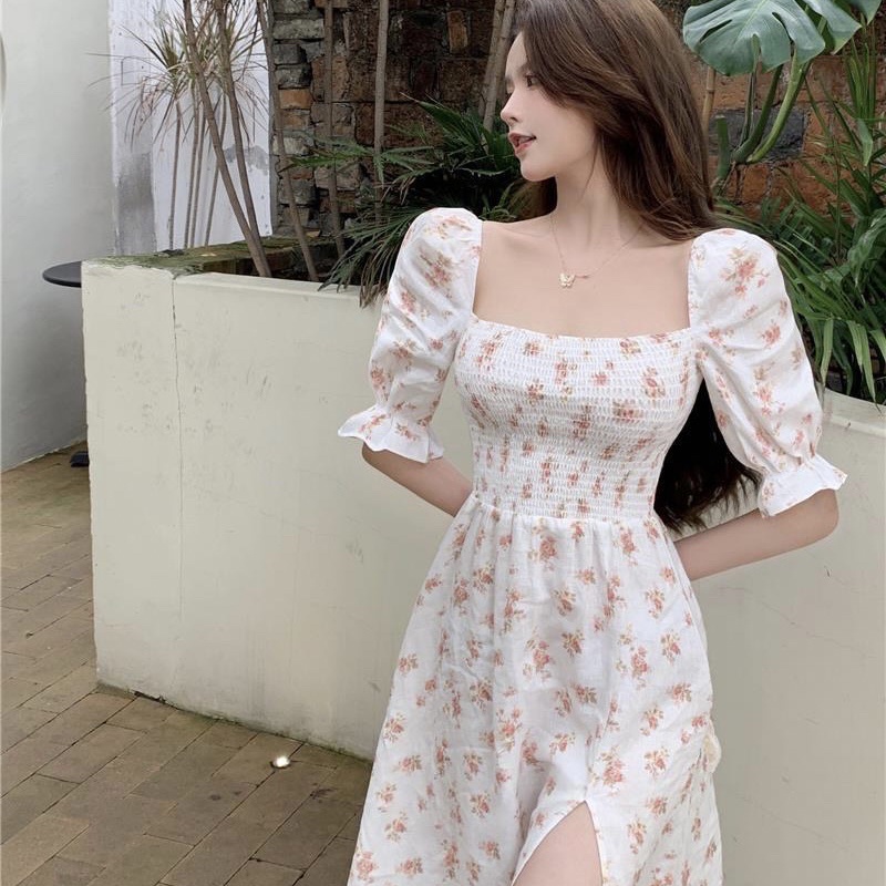 Jual D174 - Bianca Dress / Korean midi dress square neck motif flower ...