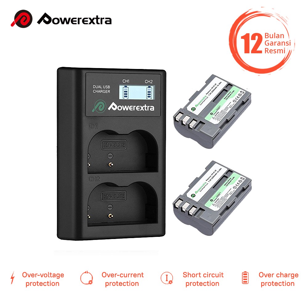 Jual POWEREXTRA BATTERY NIKON EN-EL3E 2 PACK WITH DUAL CHARGER FOR D50 ...