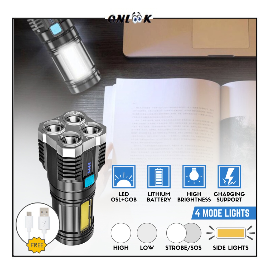 Jual Senter Portable 4 Mata + COB LED Super Terang / Penerangan Jarak ...