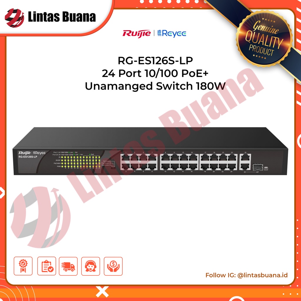Jual RUIJIE RG-ES126S-LP 24 Port 10/100 Unmanaged PoE+ Switch with 180W ...