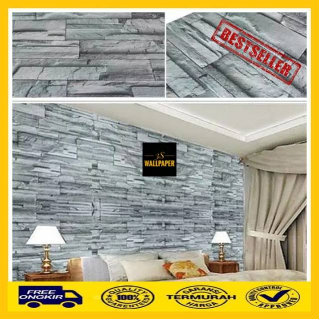 Jual Wallpaper Dinding Batu Alam Abu Wallpaper Dinding 3D Wall Sticker ...