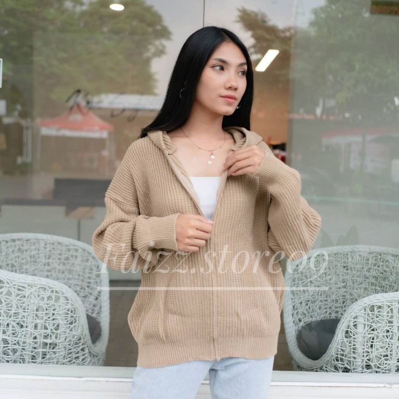 Jual Hoodie Jaket Rajut OVERSIZE Zipper/Sweater Rajut wanita Hoodie ...