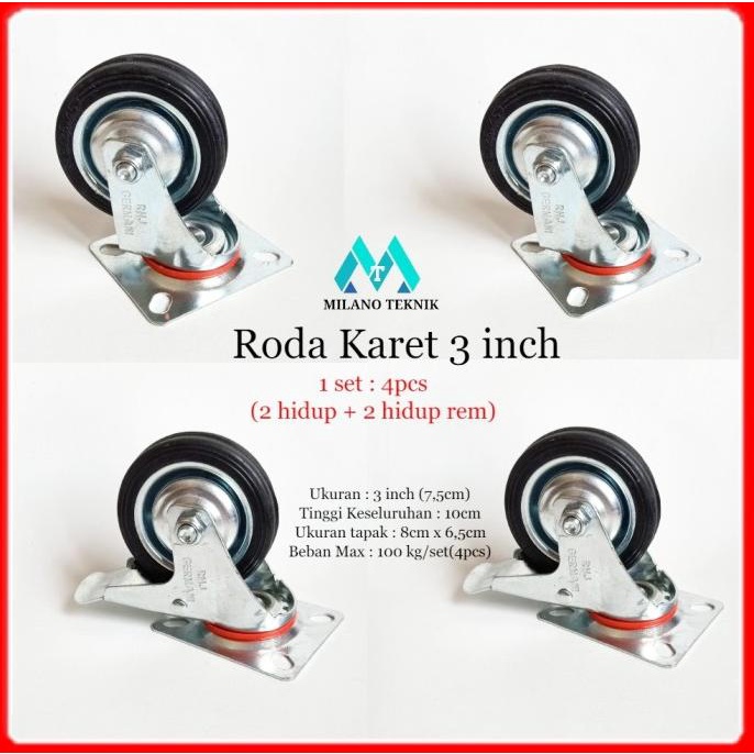 Jual Roda Troli 3" (2 Hidup Rem + 2 Hidup) Roda Karet Etalase Gerobak ...