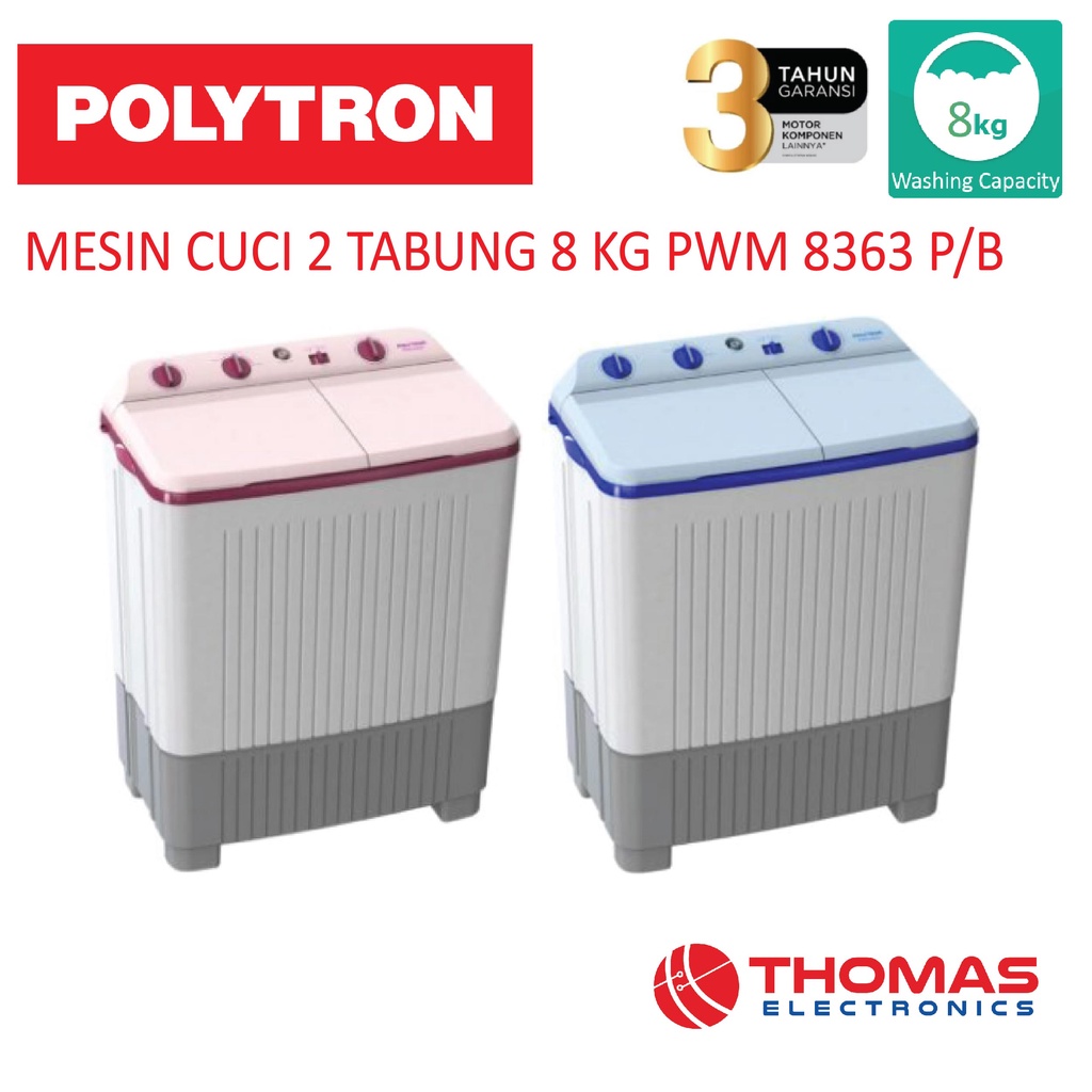 Jual Mesin Cuci 2 Tabung POLYTRON 8 KG PWM 8363 PB Garansi Resmi ...
