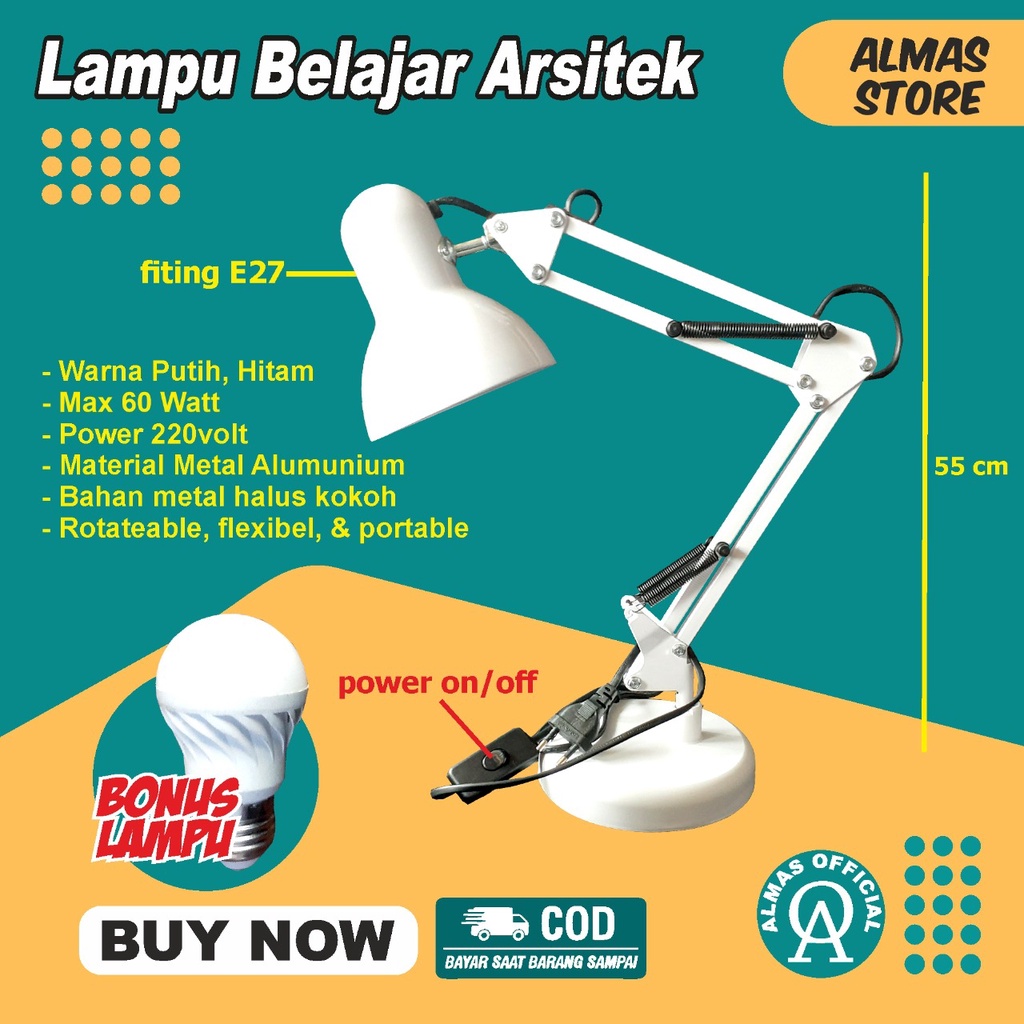 Jual Lampu Meja Belajar Baca Arsitek Jepit Tekuk Putih Elegant Clasic ...
