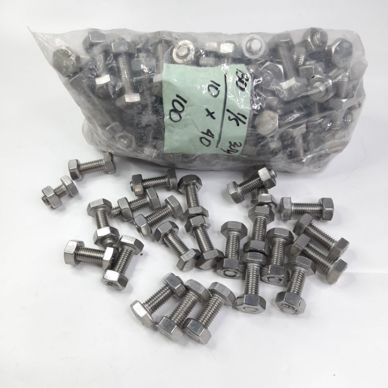 Jual Baut + Mur Hex Bolt + Nut Stainless SS 304 M10 X 40MM (Per Set) | Shopee Indonesia