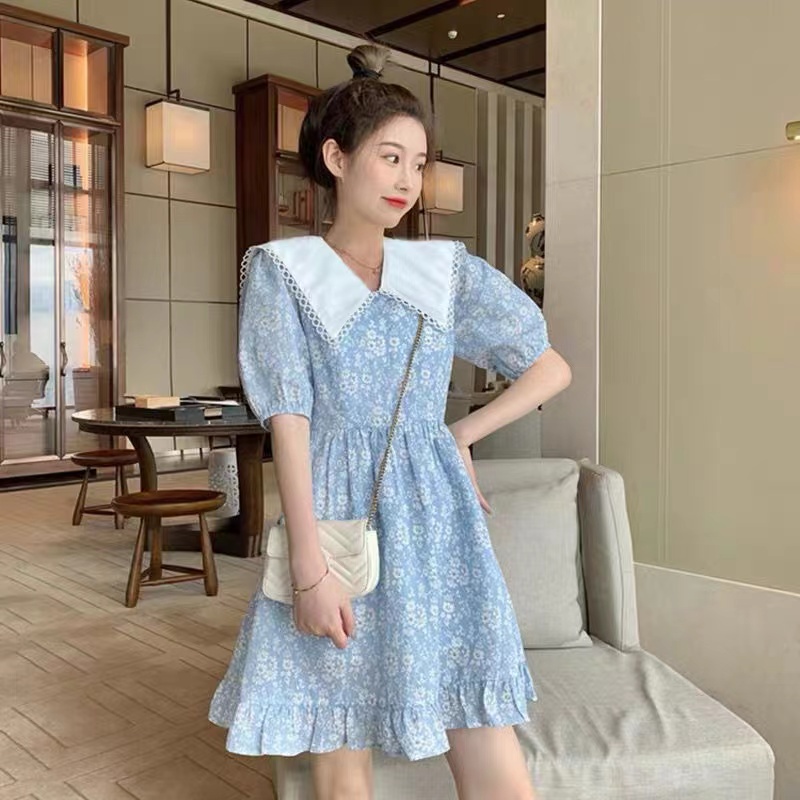Jual Korean Dress Pendek Lengan Balon Bunga-Bunga Biru Gaya Korea ...