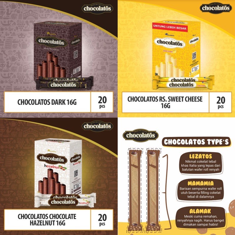 Jual CHOCOLATOS WAFFER STICK ROLL DARK / WHITE / HAZELNUT BOX ISI 20 ...