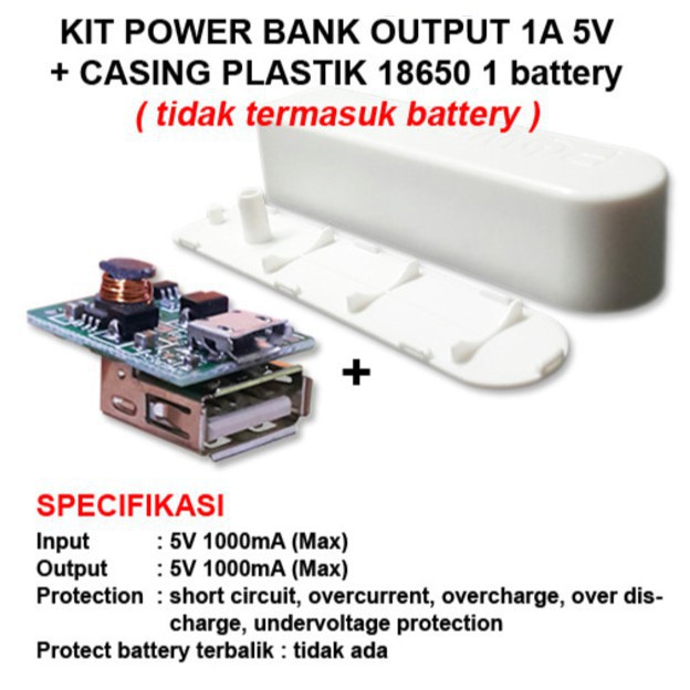 Jual Kit Power Bank 1A 5V 1 Slot Batre/Baterai 18650 + Casing Plastik ...