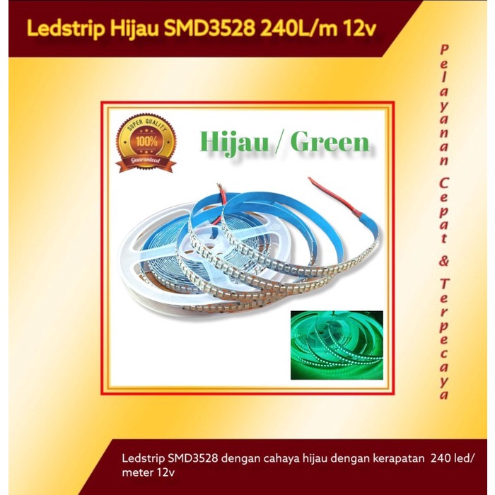 Jual Ledstrip SMD3528 240 led per meter warna Hijau 12v 10mm PCB ...
