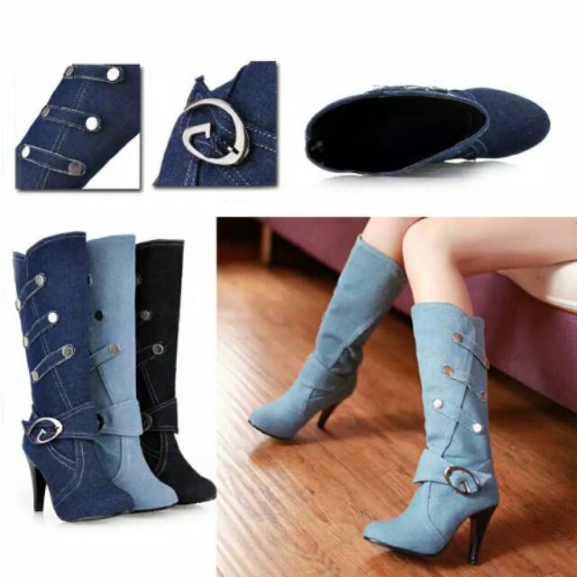 Jual sepatu boot high heel denim | Shopee Indonesia